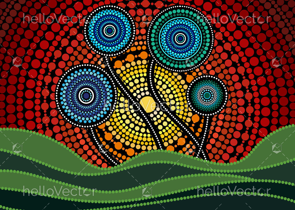 Tree on the hill, An illustration based on aboriginal style of ...