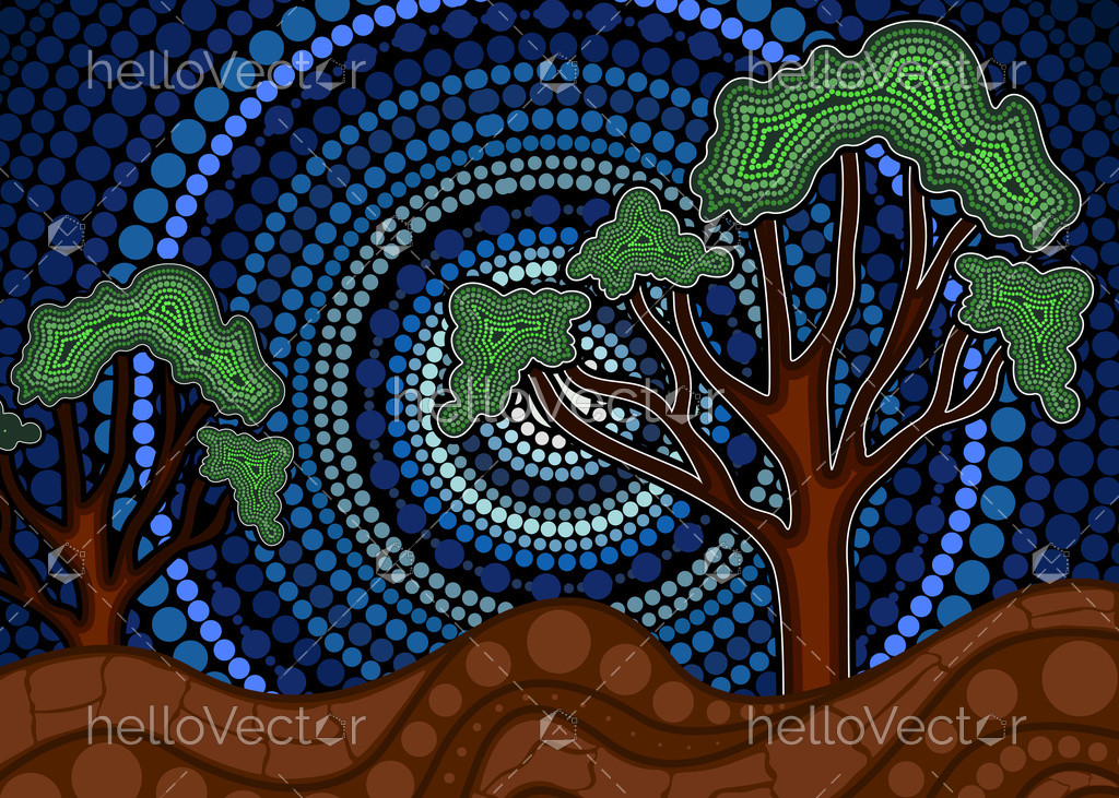 Tree on the hill, An illustration based on aboriginal style of ...