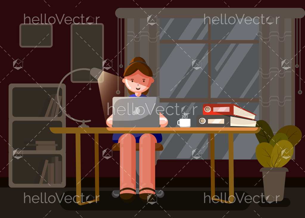 Cartoon girl sitting at the desk and working on computer - Vector ...