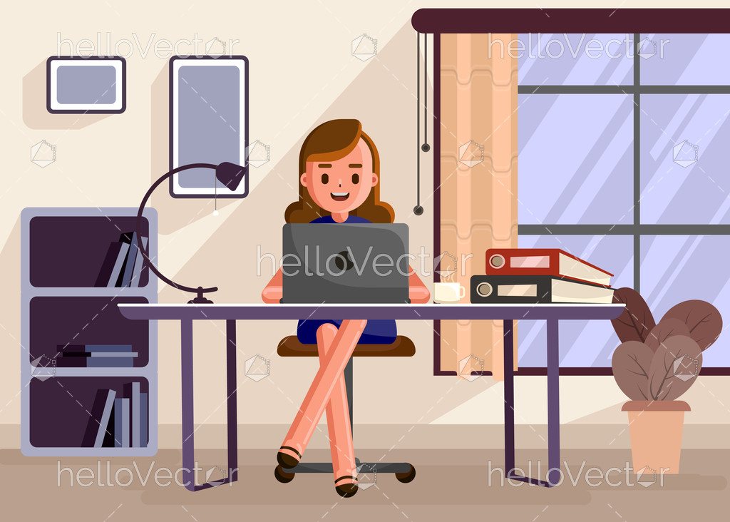 Cartoon girl sitting at the desk and working on computer - Vector ...