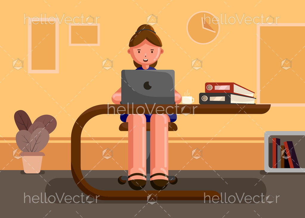 Cartoon girl sitting at the desk and working on computer - Vector ...