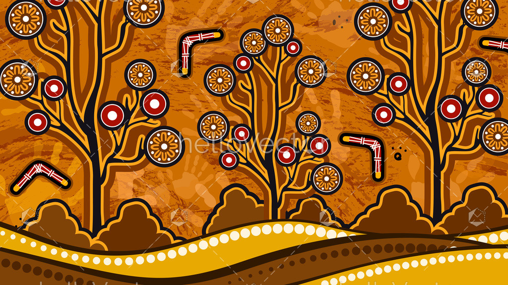Tree on the hill, Aboriginal art vector painting depicting nature ...