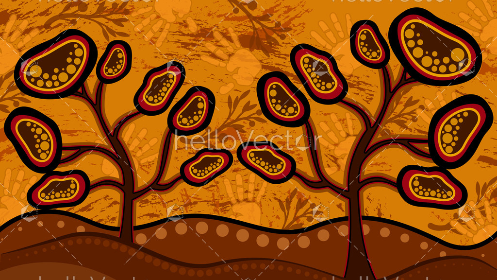 Tree on the hill, Aboriginal art vector painting depicting nature ...