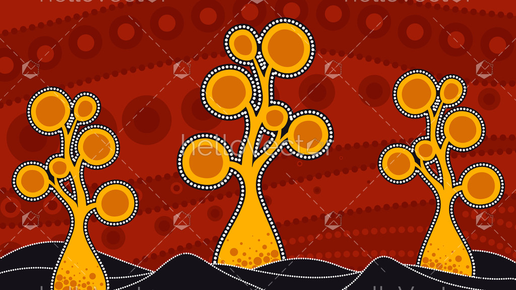 Tree on the hill, Aboriginal art vector painting depicting nature ...