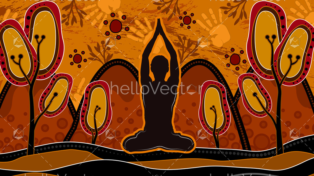 Aboriginal art vector painting, fitness and meditation concept ...