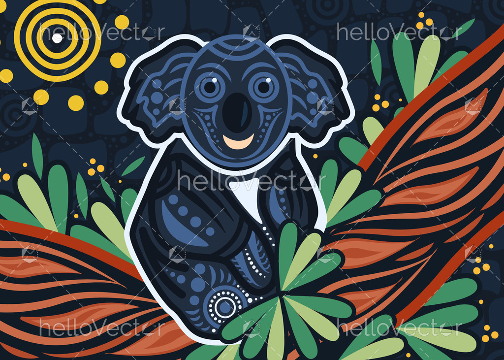 Aboriginal art vector painting with koala bear on wood branch ...