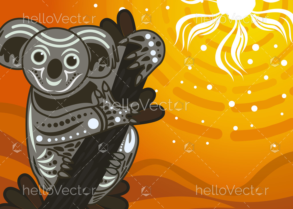 Aboriginal art vector painting with koala bear on wood branch ...
