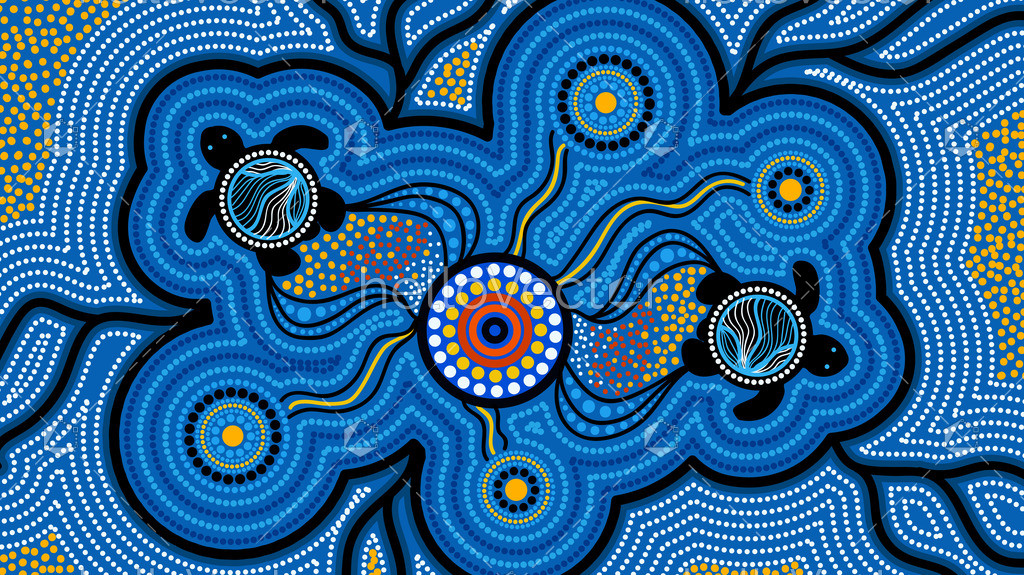 Blue aboriginal painting with turtle - Download Graphics & Vectors