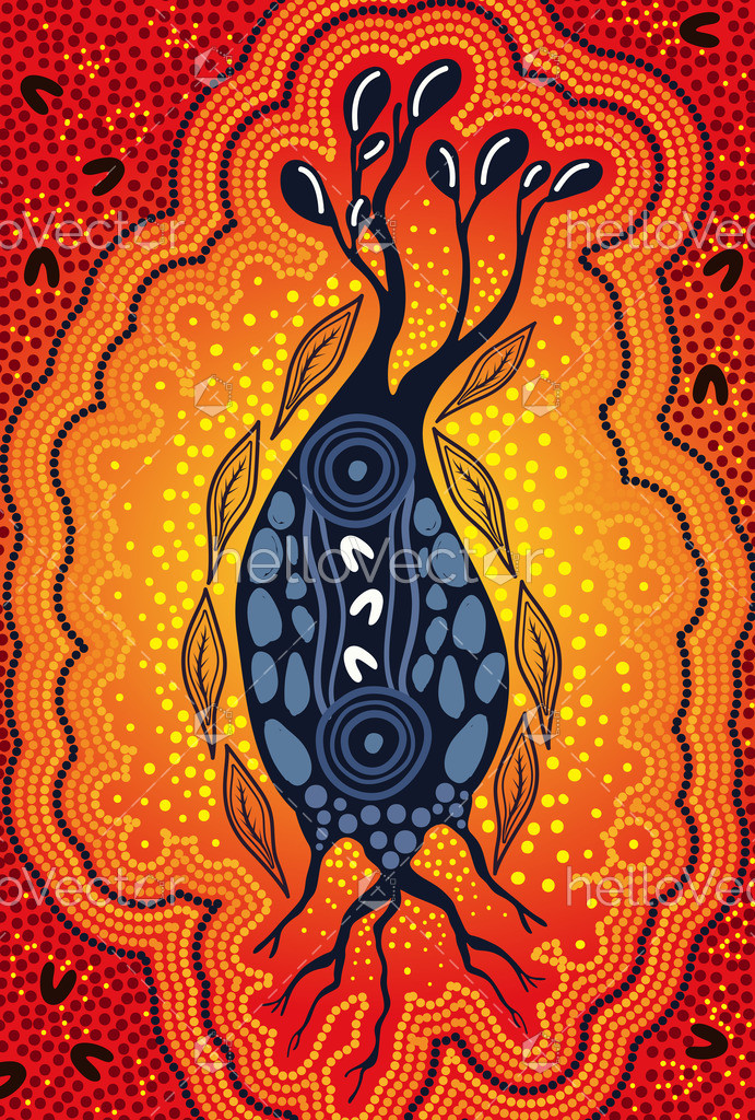 Boab tree with roots aboriginal painting - Download Graphics & Vectors