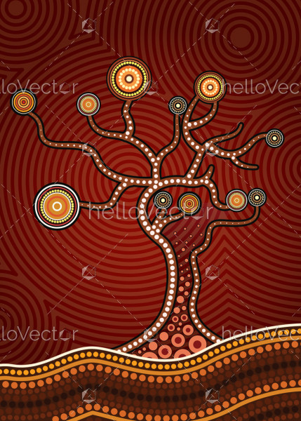 Tree on the hill, Aboriginal tree, Aboriginal art vector painting with ...