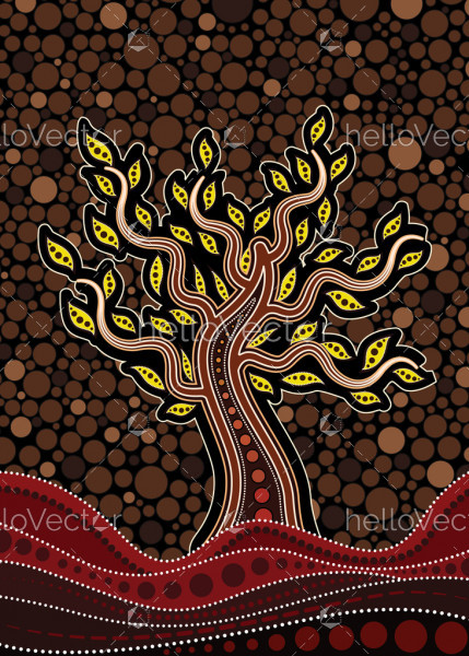 Tree on the hill, Aboriginal tree, Aboriginal art vector painting with ...