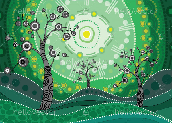 Tree on the hill, Aboriginal tree, Aboriginal art vector painting with ...