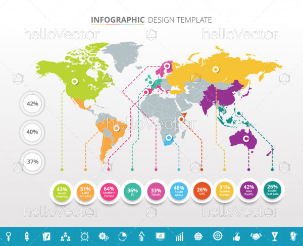 World map business infographic with 16 extra icons - Vector ...